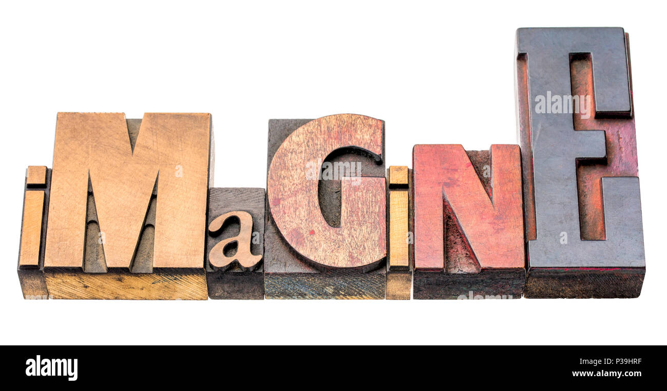 imagine - isolated word abstract in vintage letterpress printing blocks ...