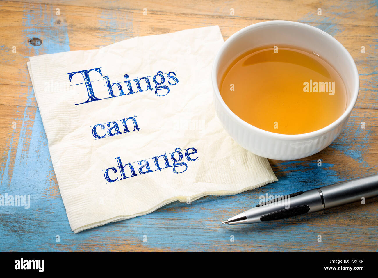 things can change - handwriitng on napkin with a cup of tea Stock Photo ...