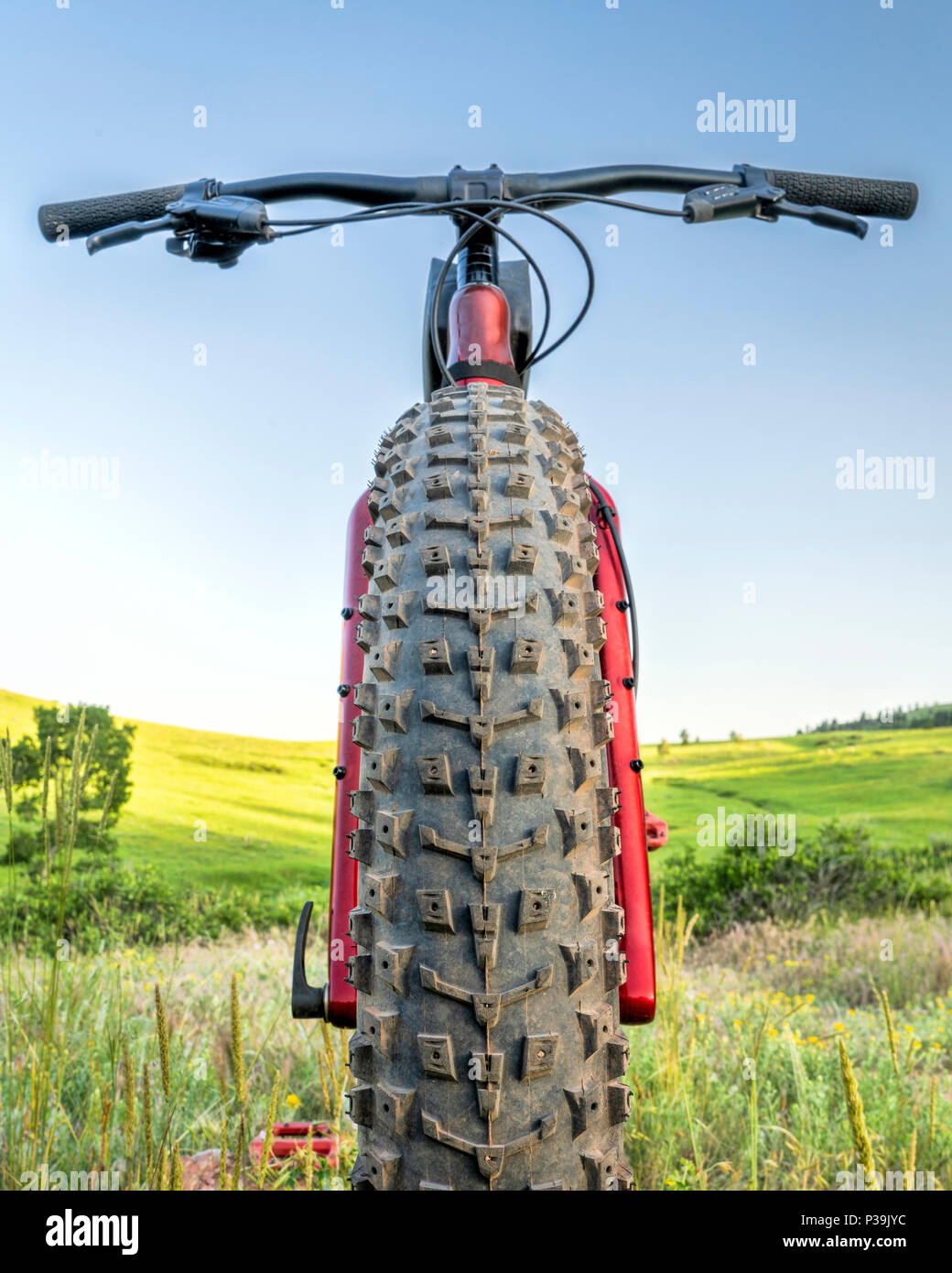fat mountain bike at foothills of Colorado, late spring scenery Stock ...