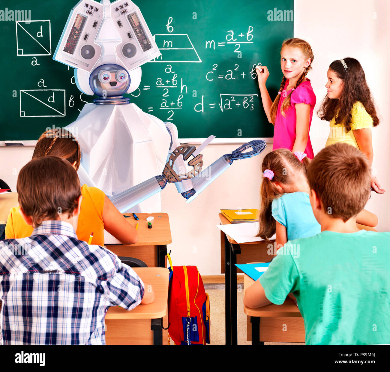 Teacher ai robot with school children in school class blackboard Stock ...