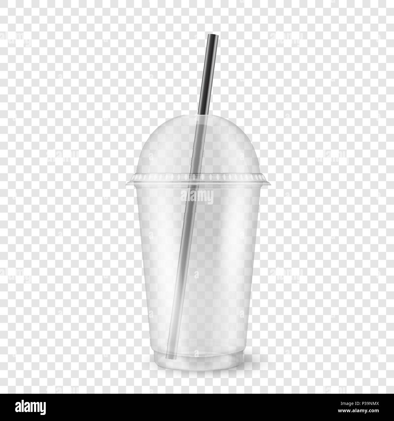 Vector realistic 3d empty clear plastic disposable cup with sphere dome cap and a straw closeup ...