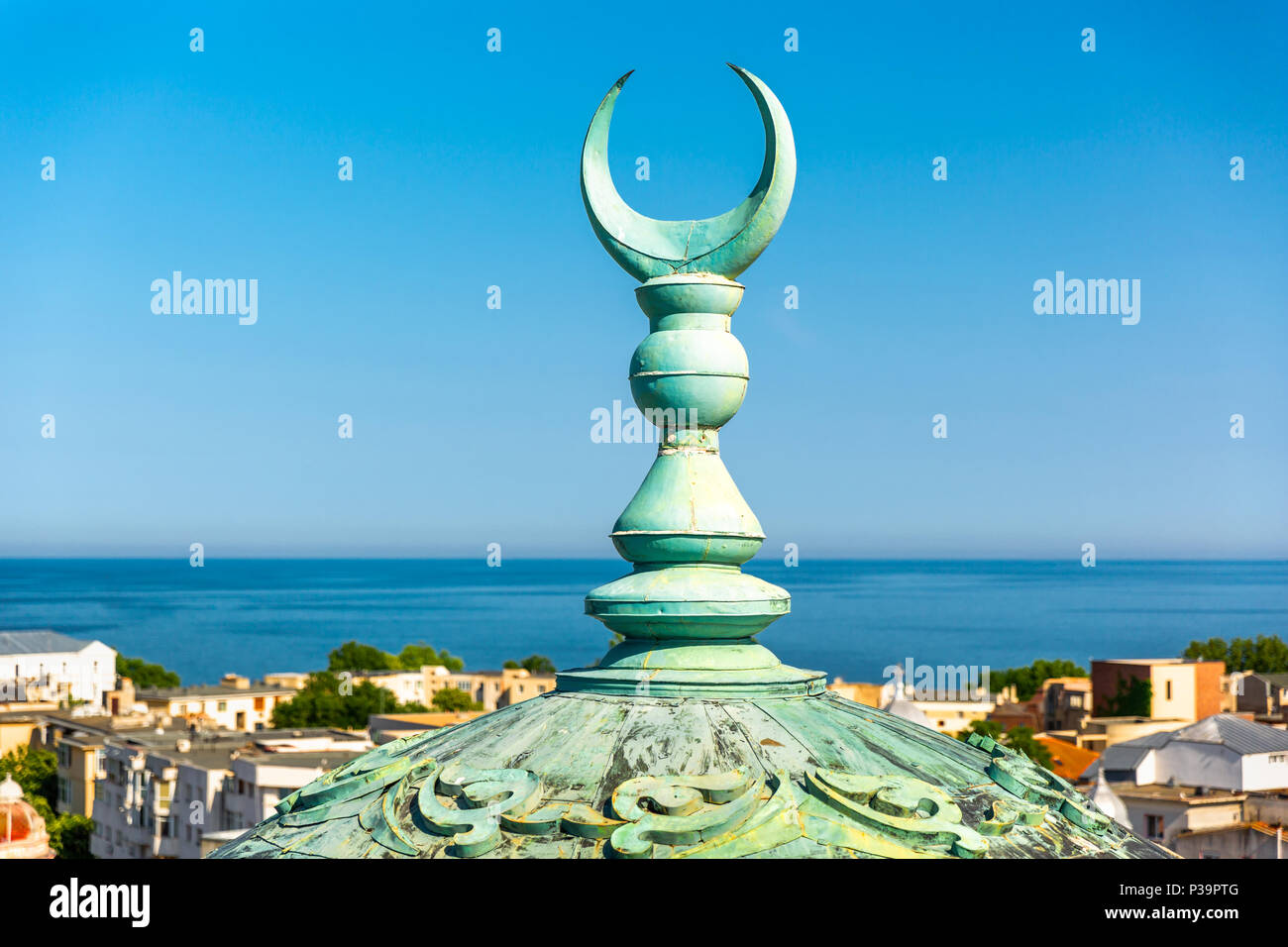 Crescent moon steeple on top of the Grand Mosque, in Constanta, Romania ...