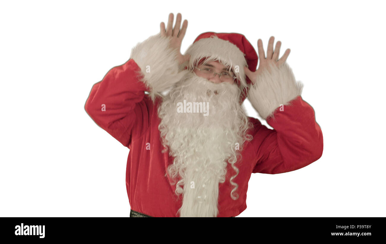 Happy dancing Santa Claus on white background Stock Photo - Alamy