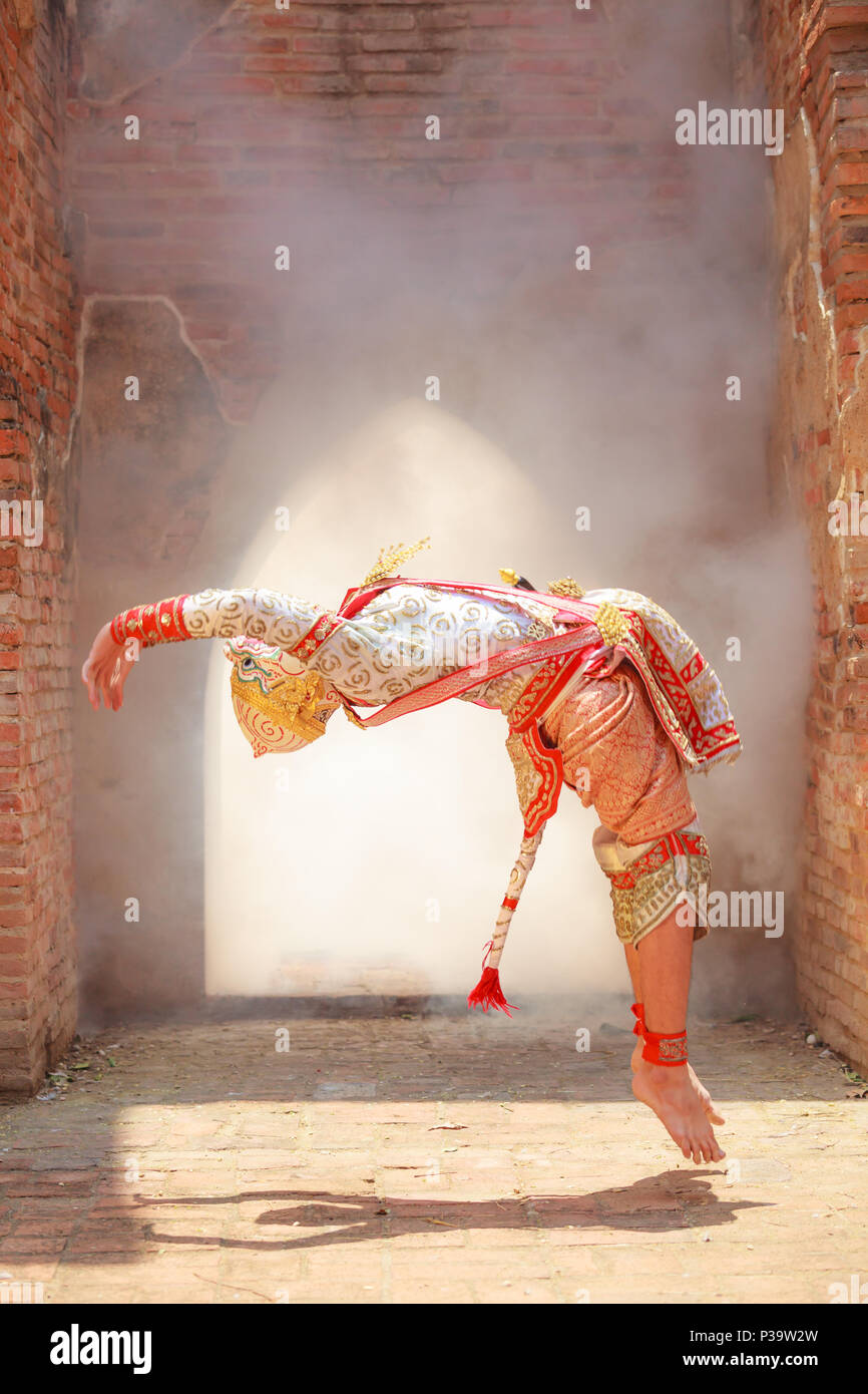 Hanuman (monkey god) somersaults in Khon or Traditional Thai Pantomime ...