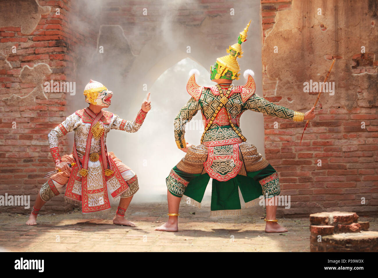 Hanuman (monkey god) fighting Thotsakan (giant) in Khon or Traditional ...