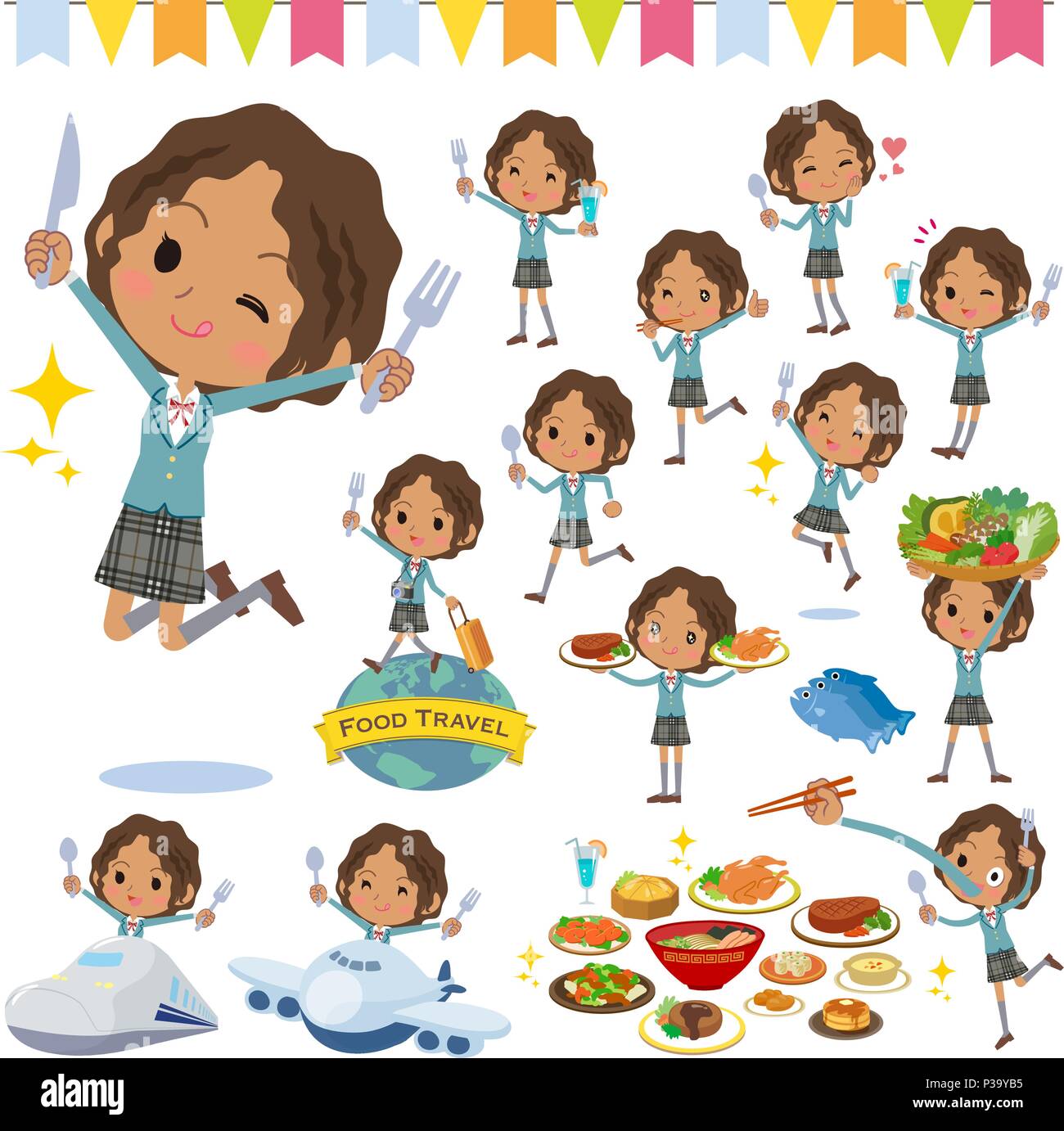 A set of School girl on food events. There are actions that have a fork ...