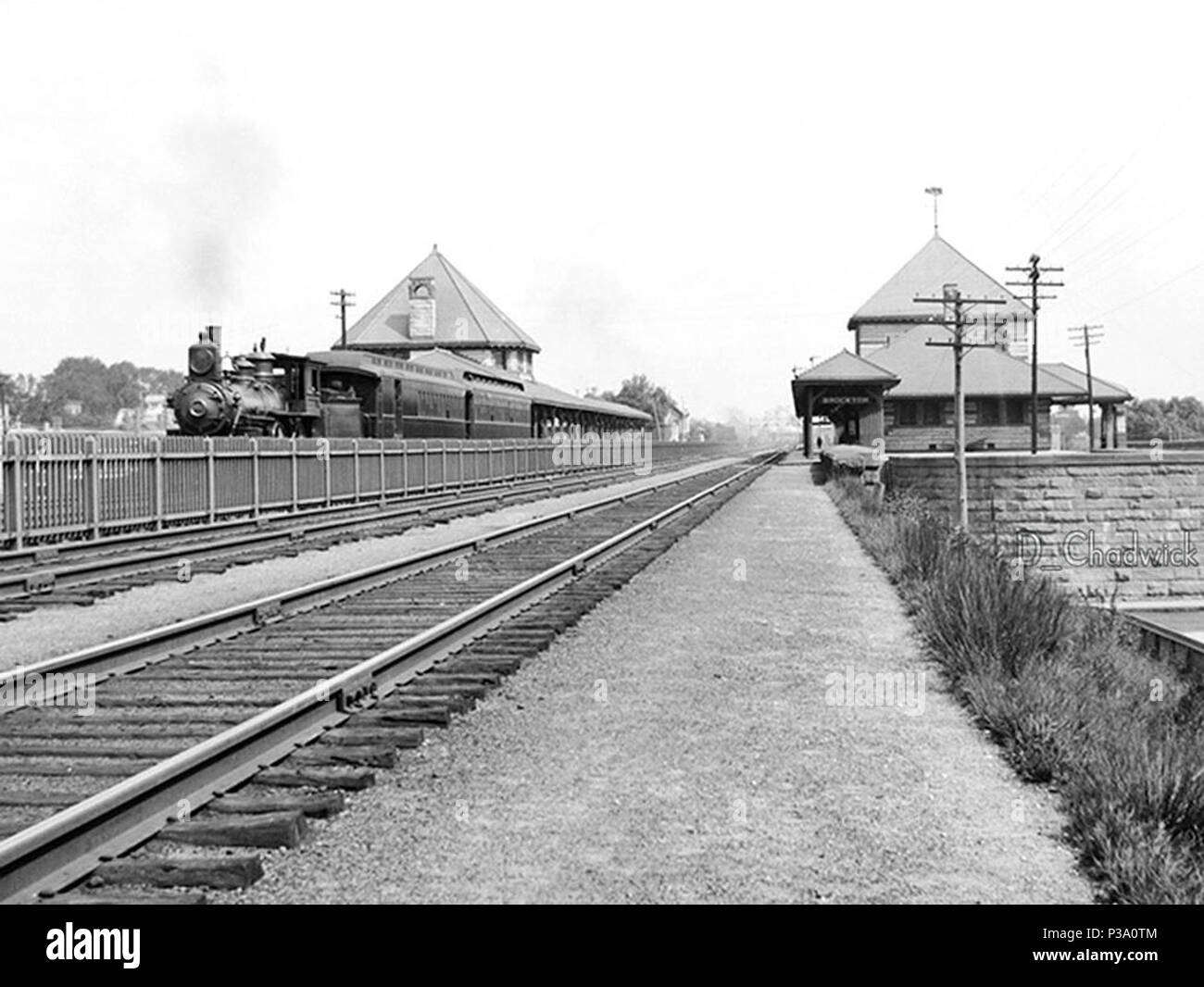 . English: A southbound train leaves Brockton station around 1905 ...