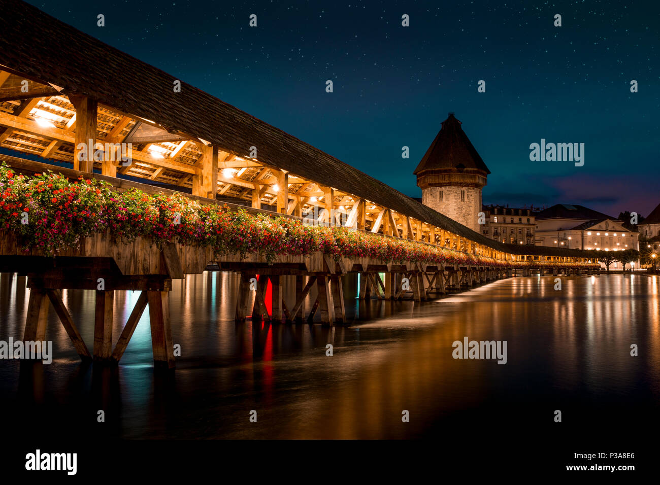 Panorama of Chapel Bridge in Lucerne at night, Switzerland Stock Photo ...