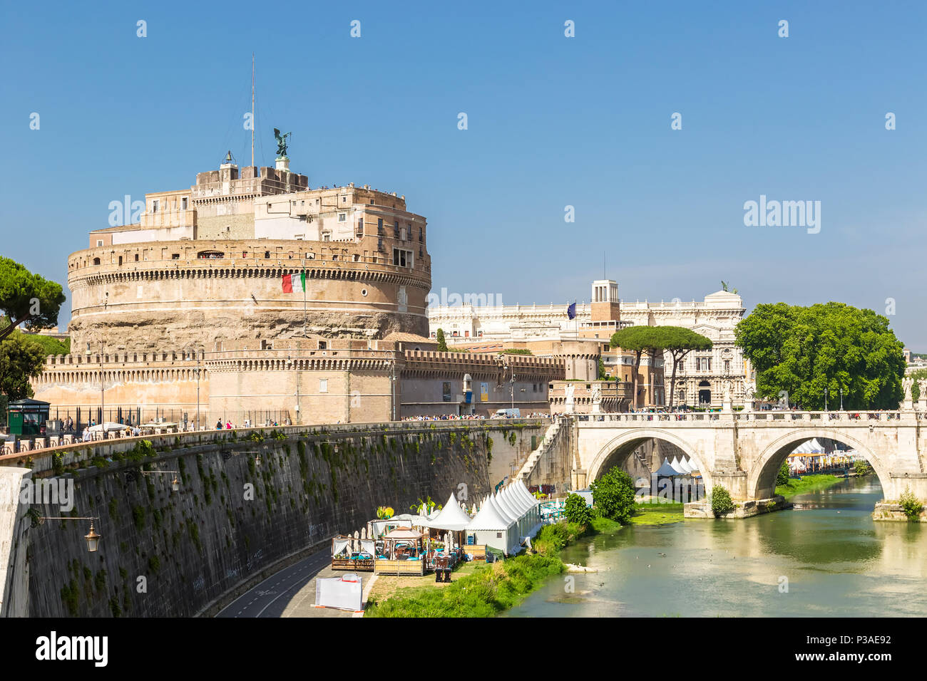 Rome, Italy - June 29, 2017: View of Castle Sant Angelo (Mausoleum of Hadrian), bridge Sant ...