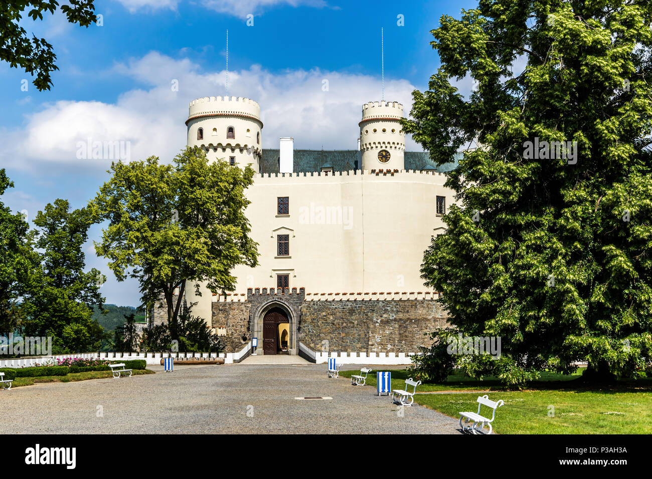 Orlik castle with blue sky and trees-Orlik nad Vltavou South Bohemia ...