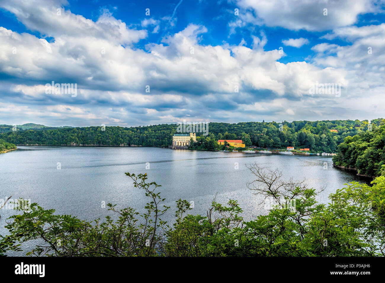 Orlik castle with blue sky and trees-Orlik nad Vltavou South Bohemia ...