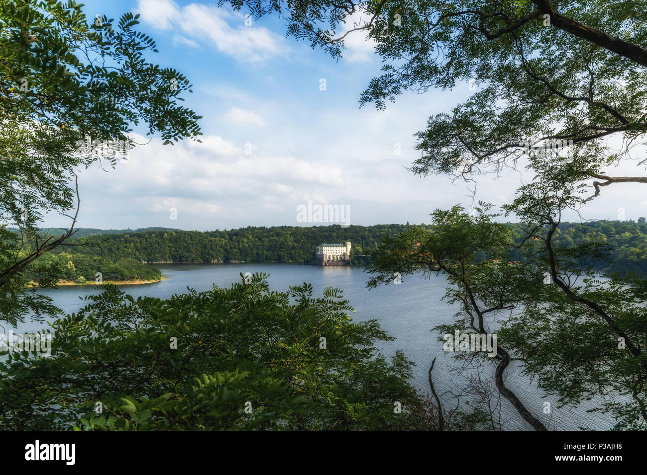 Orlik castle with blue sky and trees-Orlik nad Vltavou South Bohemia ...