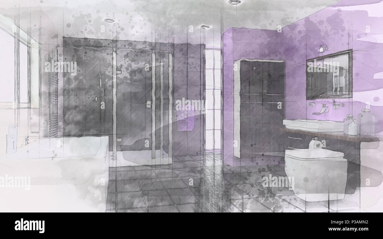 Sketched watercolor design of a Contemporary Bathroom Interior Stock ...