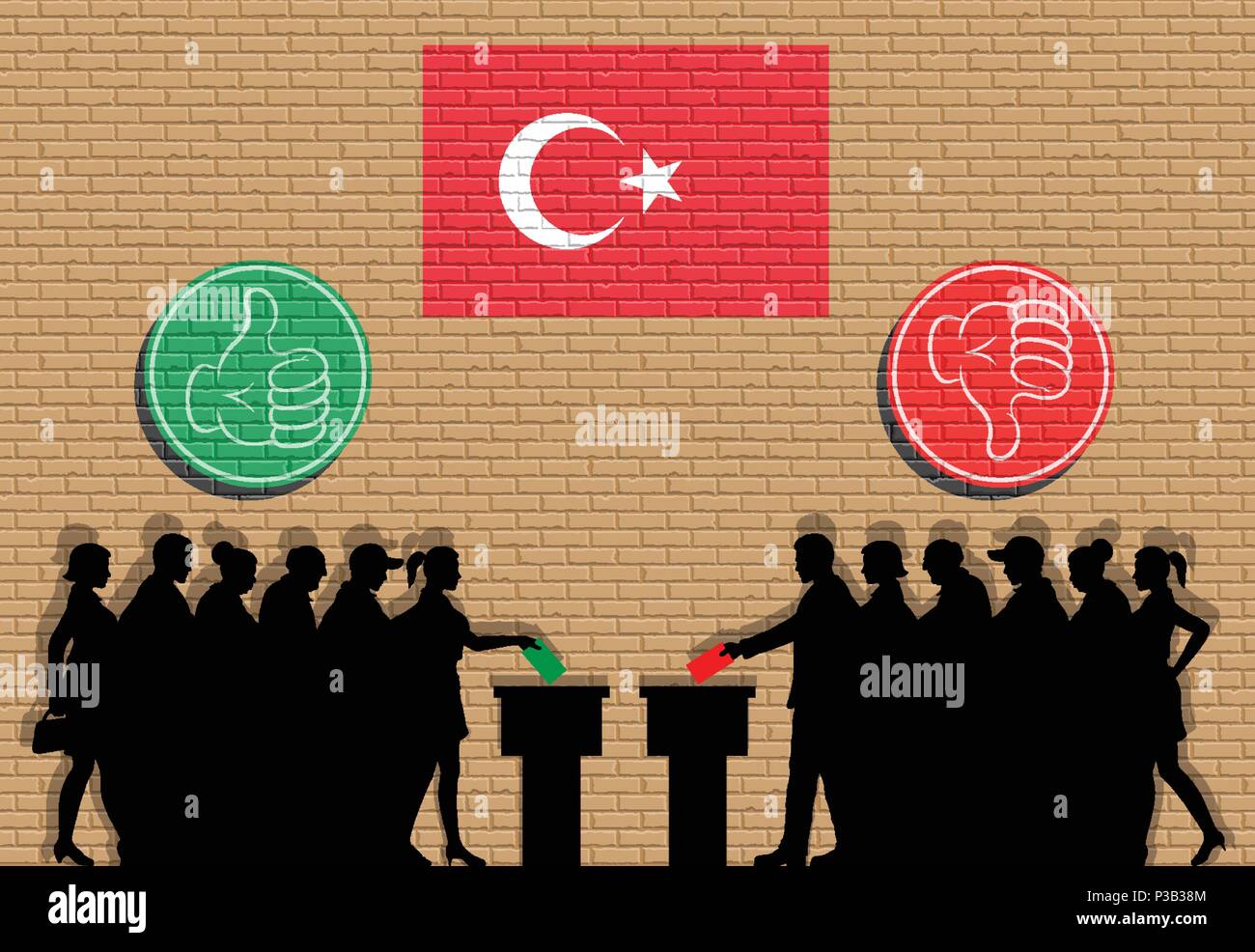Turkish voters crowd silhouette in election with thumb icons and Turkey ...