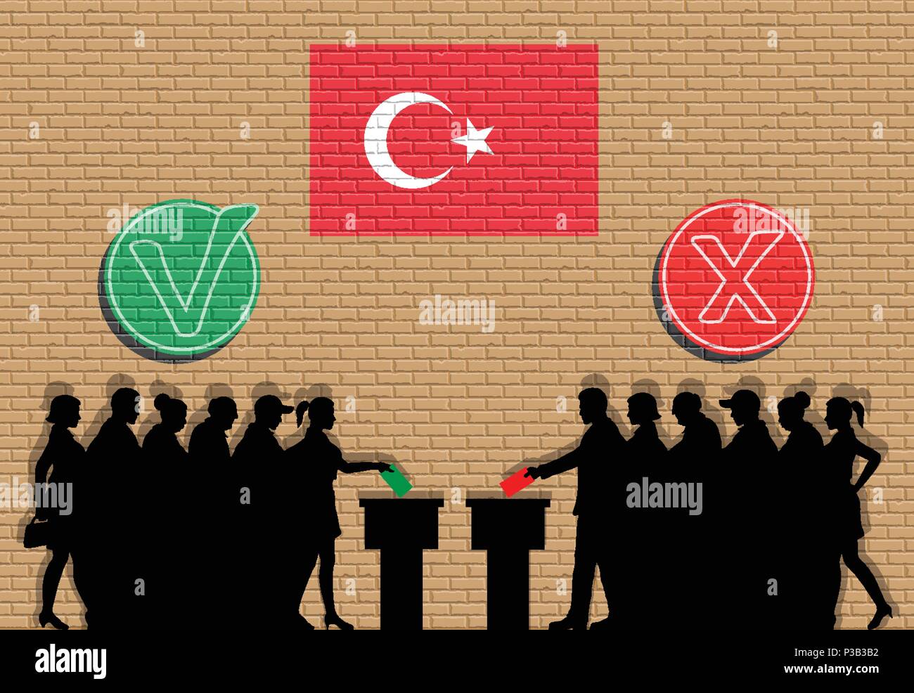 Turkish voters crowd silhouette in election with check marks and Turkey ...
