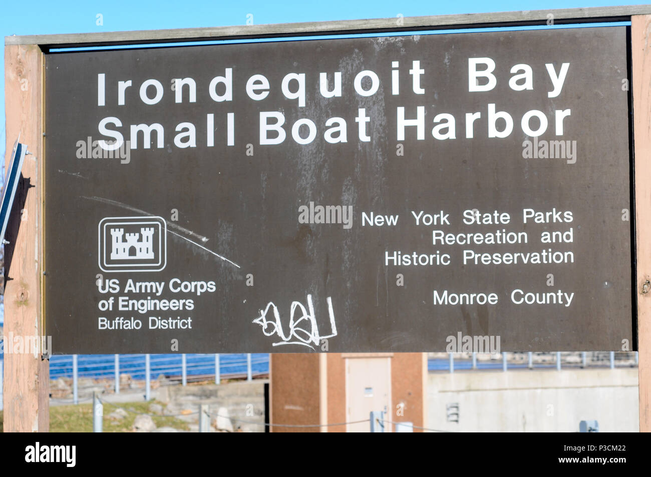 Irondequoit bay small boat harbor sign Stock Photo - Alamy
