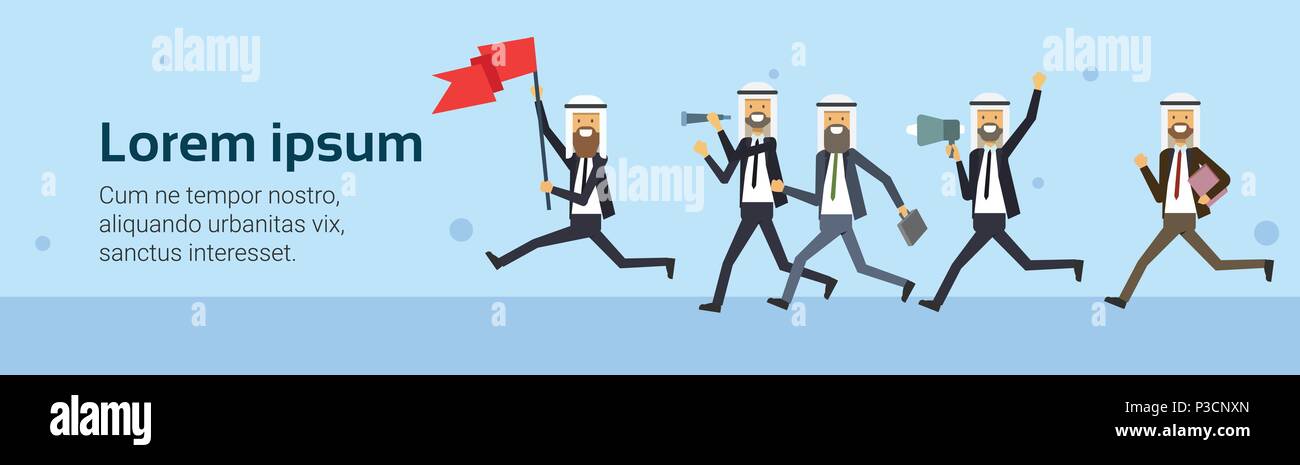 arab businessman run with red flag team group over blue background ...