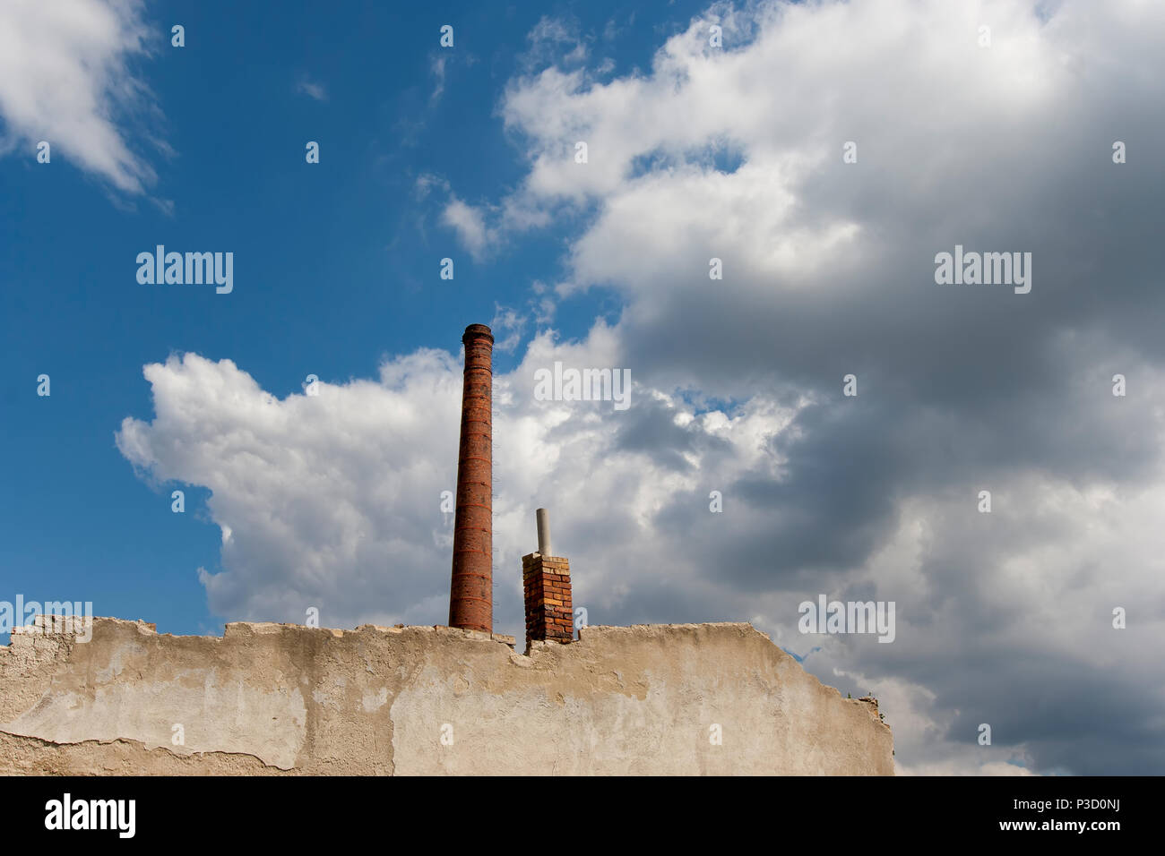 Ruins of abandoned and dilapidated factory overgrown of vegetation ...