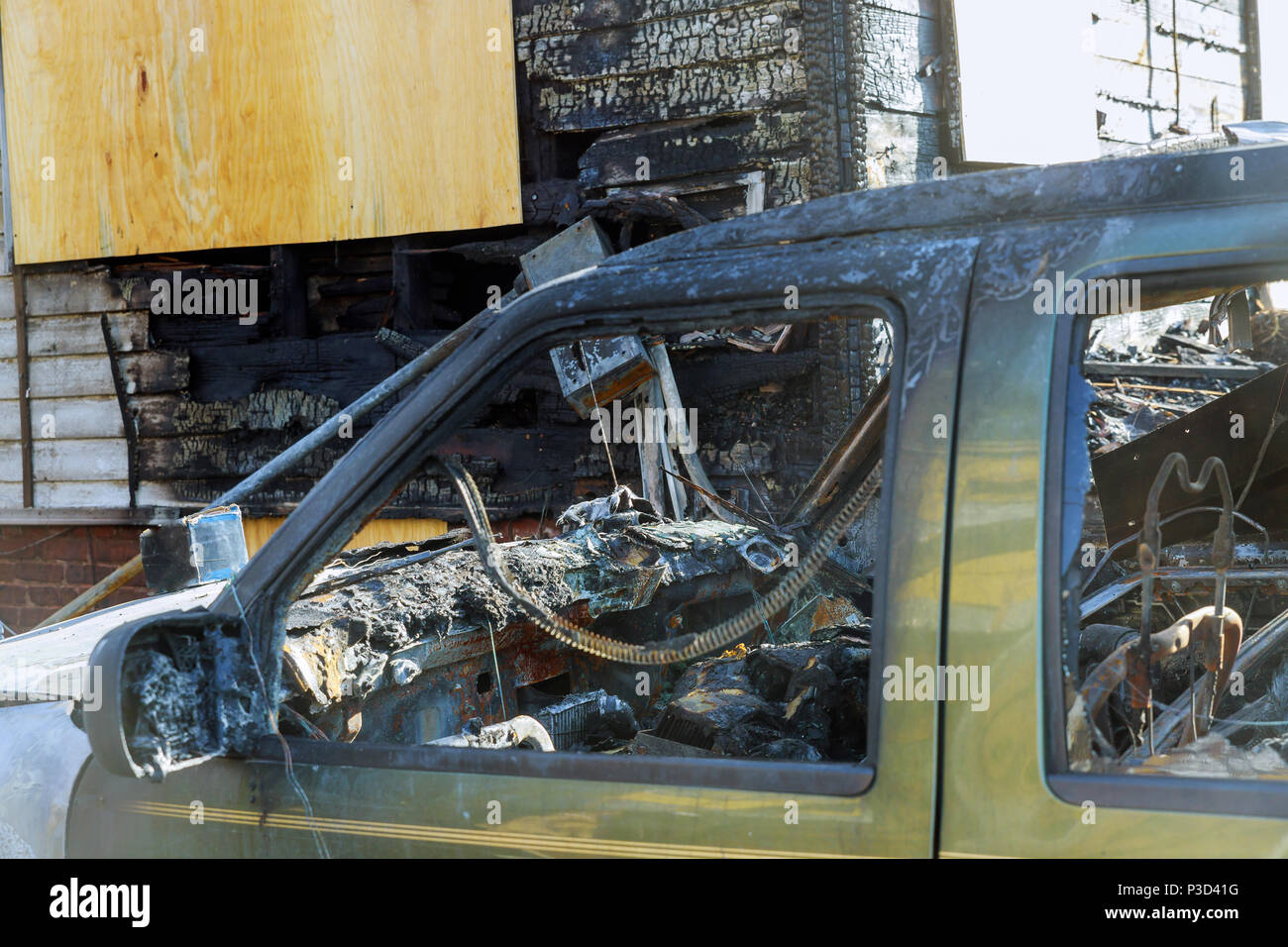 Car after a fire abandoned burnt down car after an explosion, ready to ...