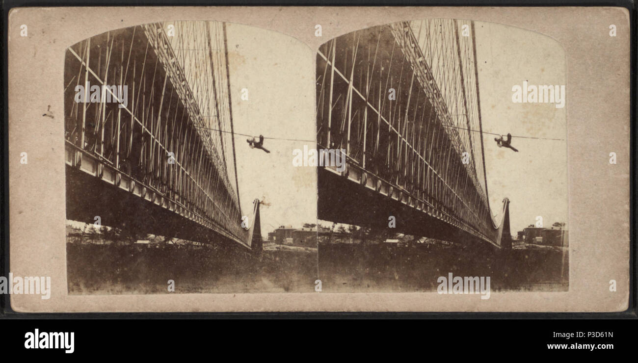 249 Railway Suspension Bridge (Niagara). Mr. Blondin in the daring act ...