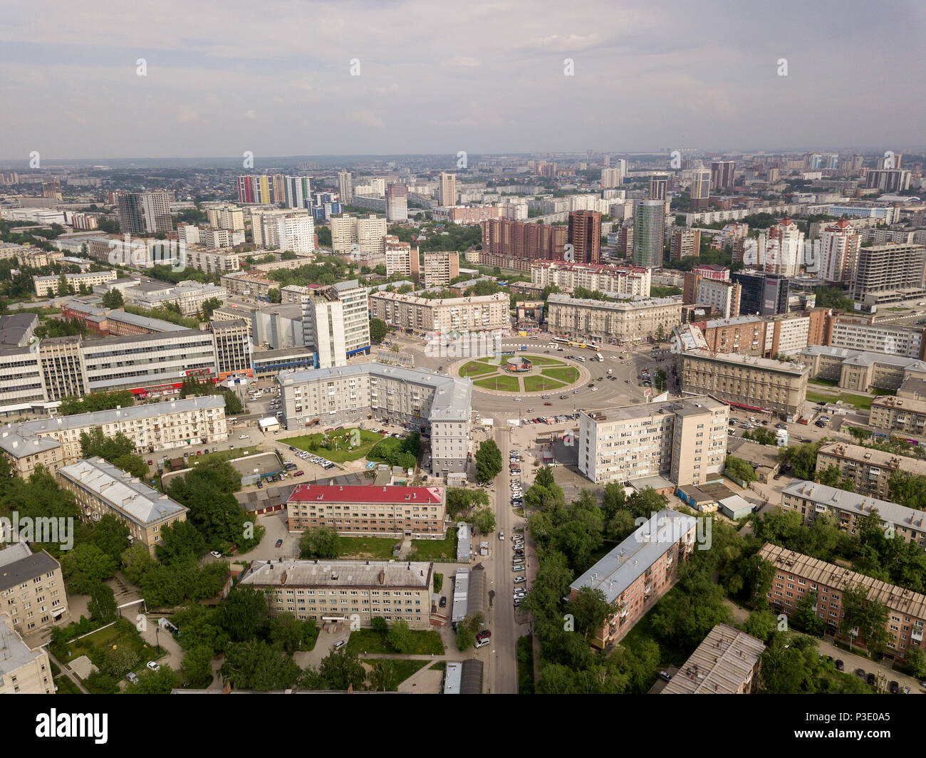 Aerial view of old and new russian buildings near the roundabout in the ...