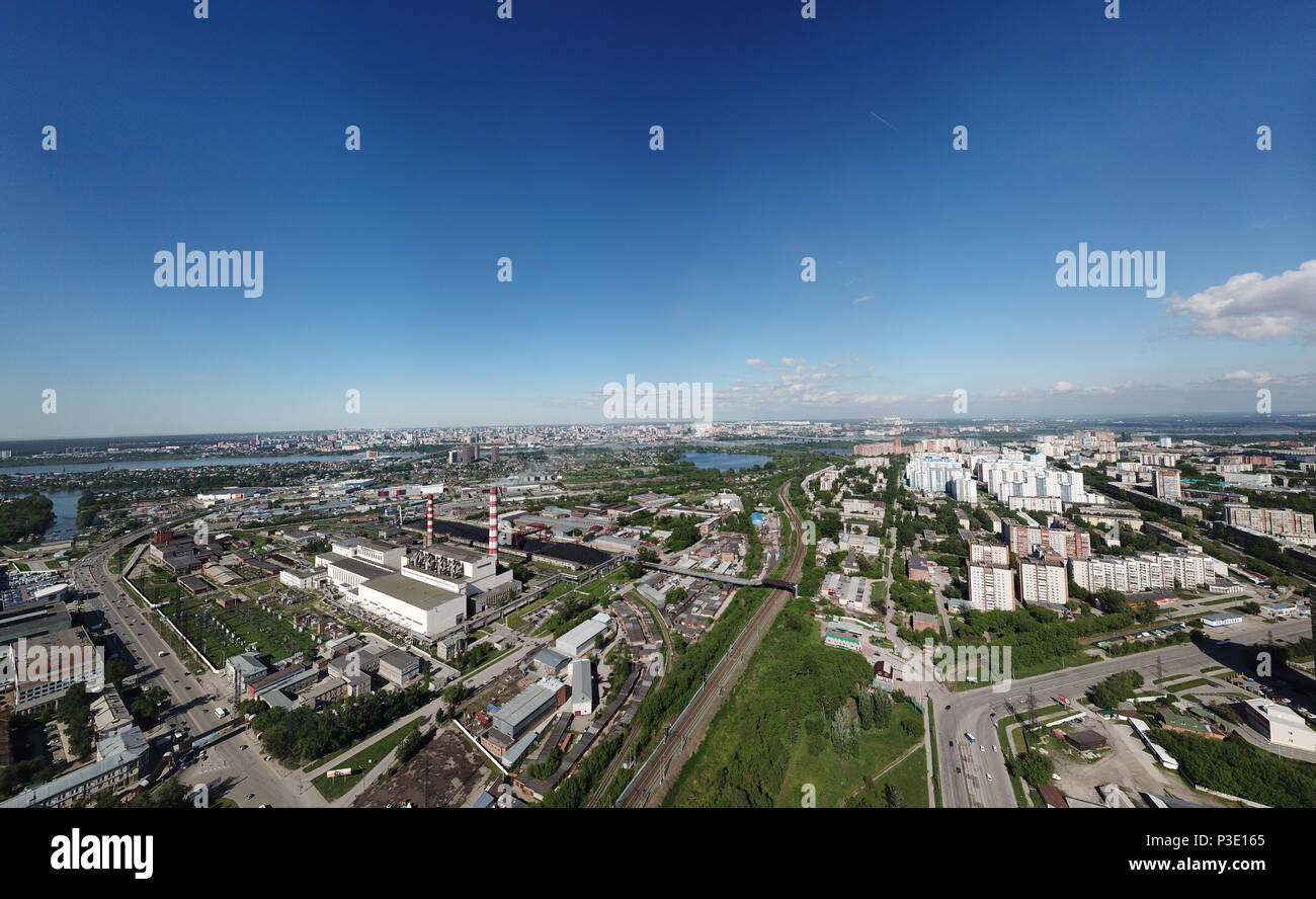 Aerial view of old and new russian buildings with lake and blue sky in ...