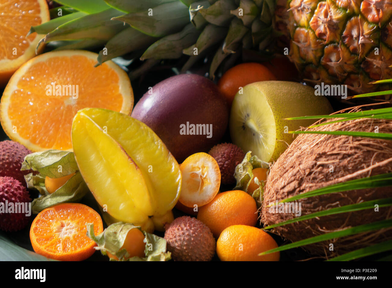 Fresh exotic organic fruits close up as natur background Stock Photo ...