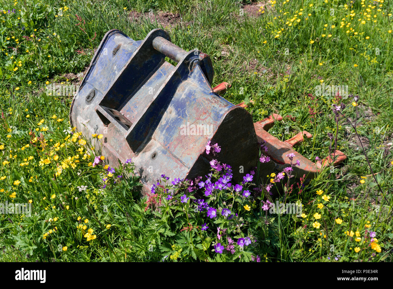 old rusted excavator spoon in an overgrown wildflower meadow Stock ...