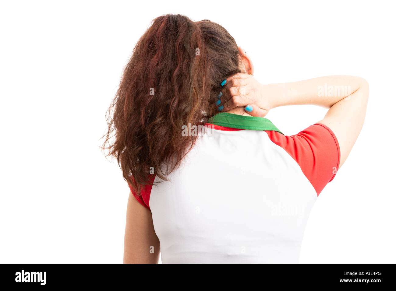 Back view of female supermarket or retail worker having neck pain and ...