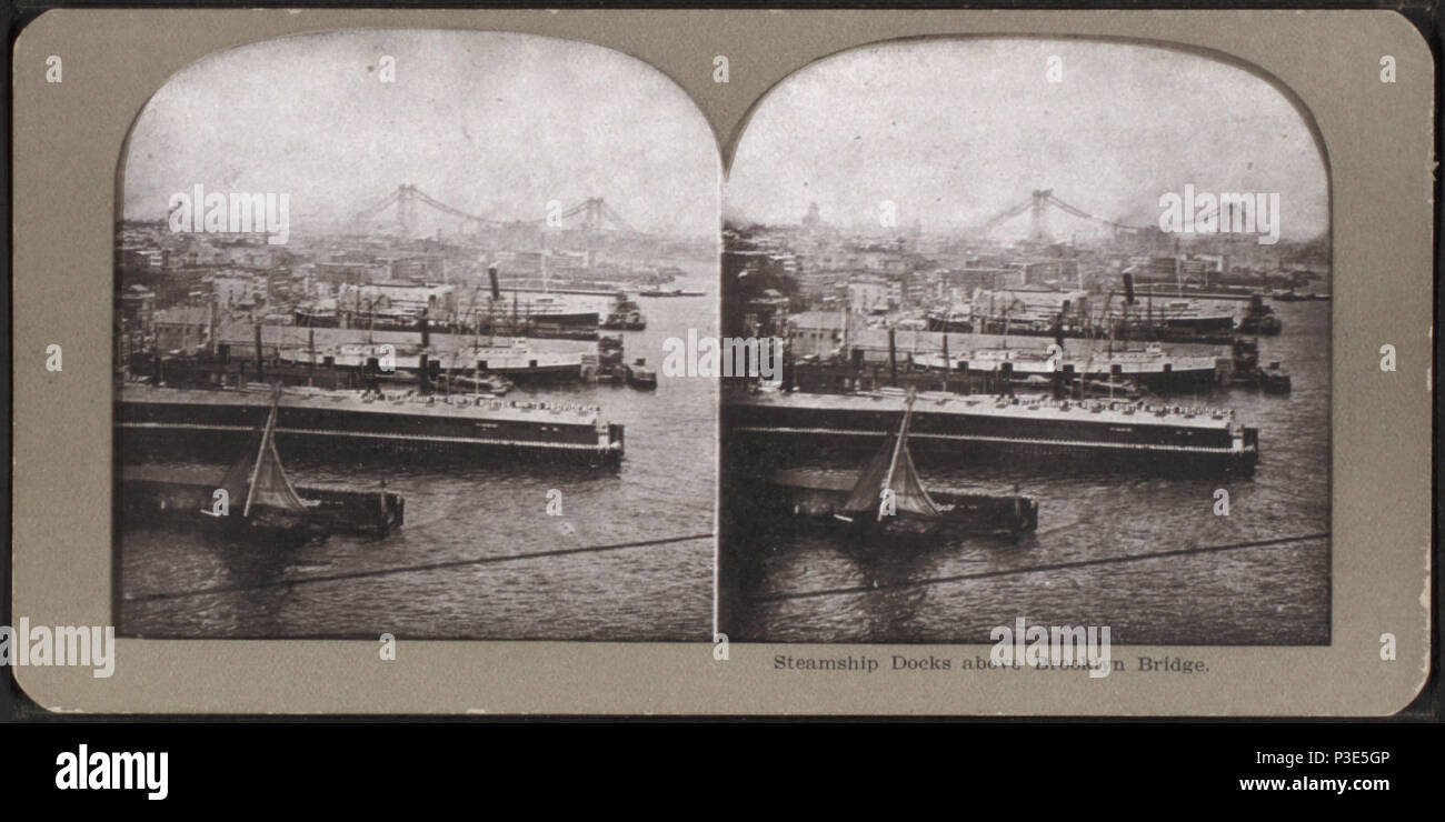 . Steamship docks above Brooklyn Bridge. Coverage: [1858?-1915 ...