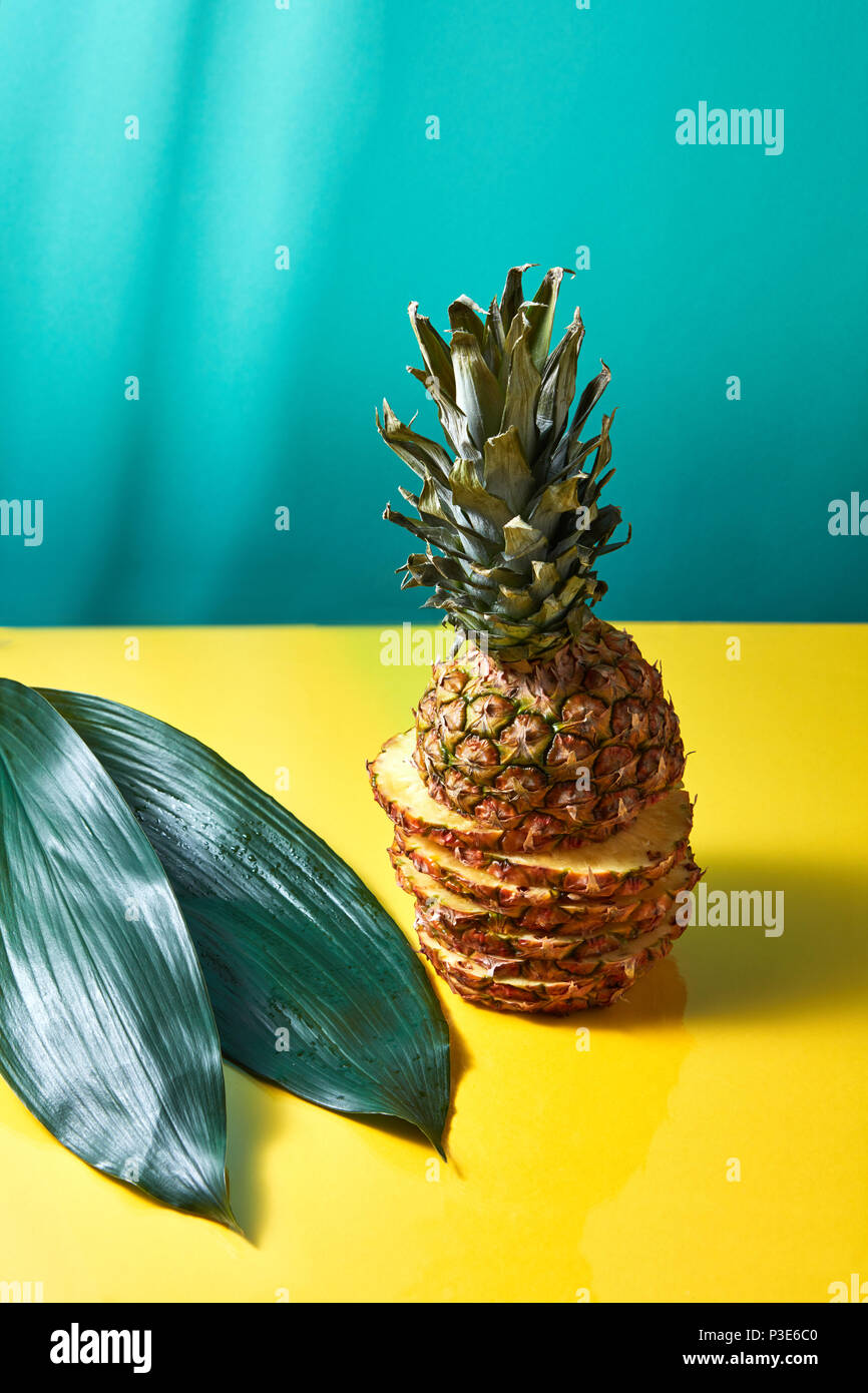 Composition of green leaves and sliced pineapple on a blue-yellow paper ...