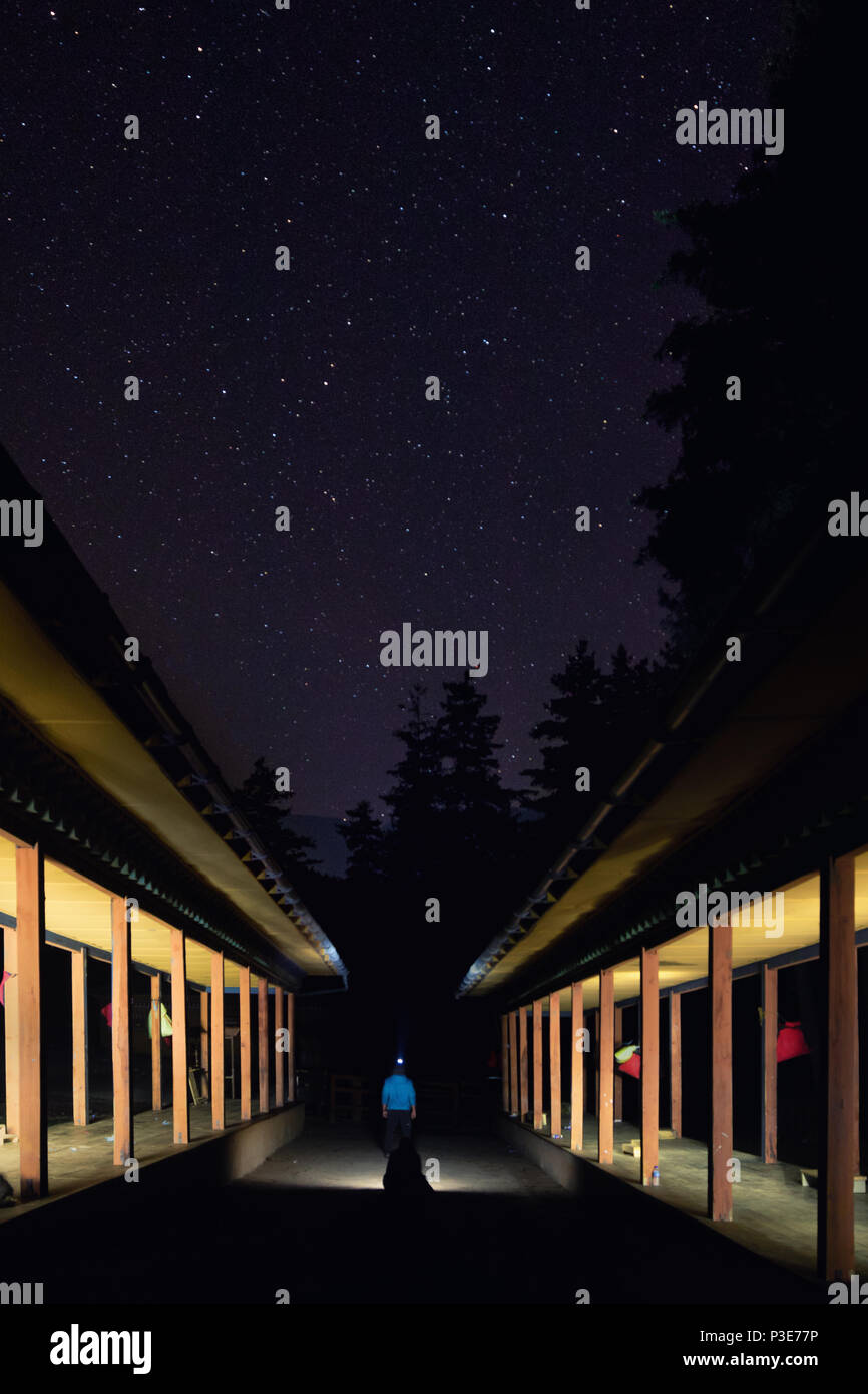A dark passage lit by flashlight under the infinite stars of Paro night ...