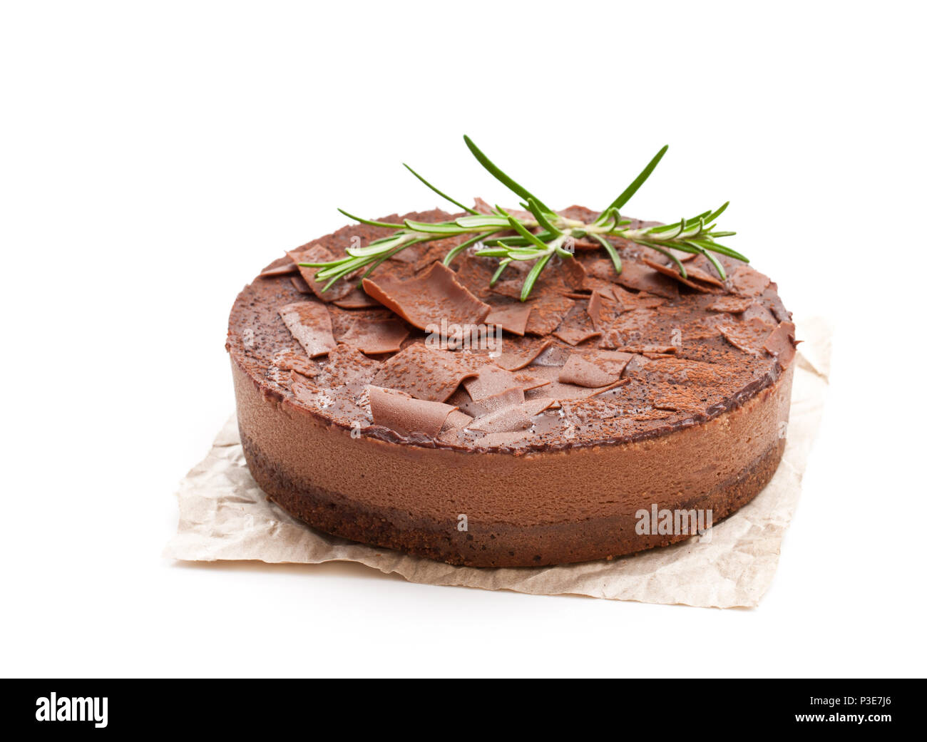 Baked belgian chocolate cheesecake with chocolate ganache isolated on ...