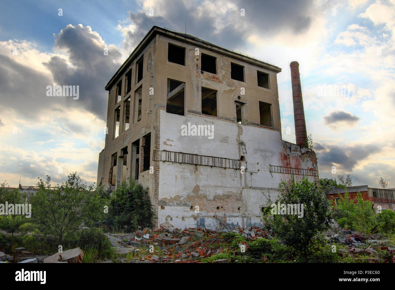 Ruins of abandoned and dilapidated factory overgrown of vegetation ...