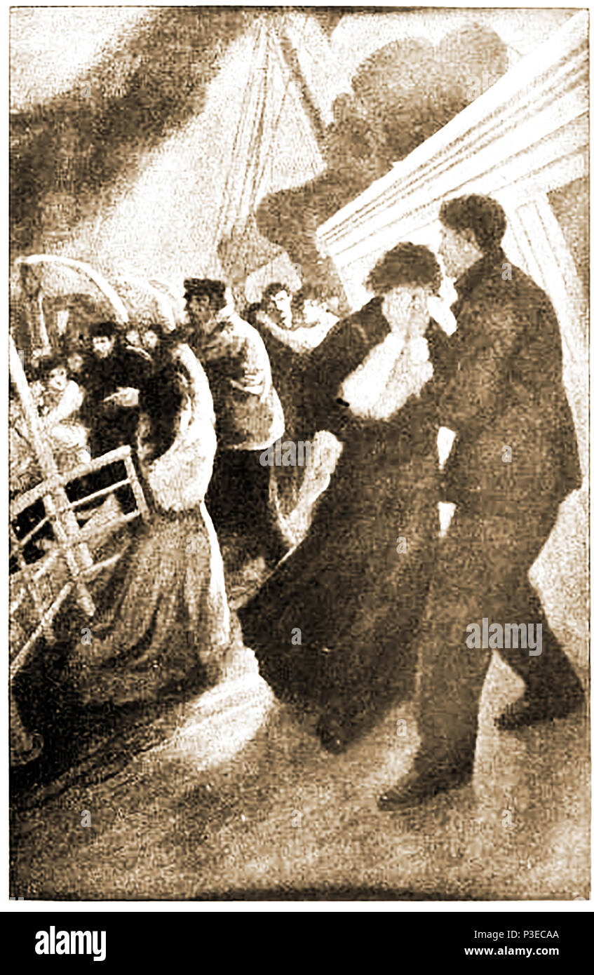 'The last goodbyes' - A 1912 illustration showing a husband and wife ...
