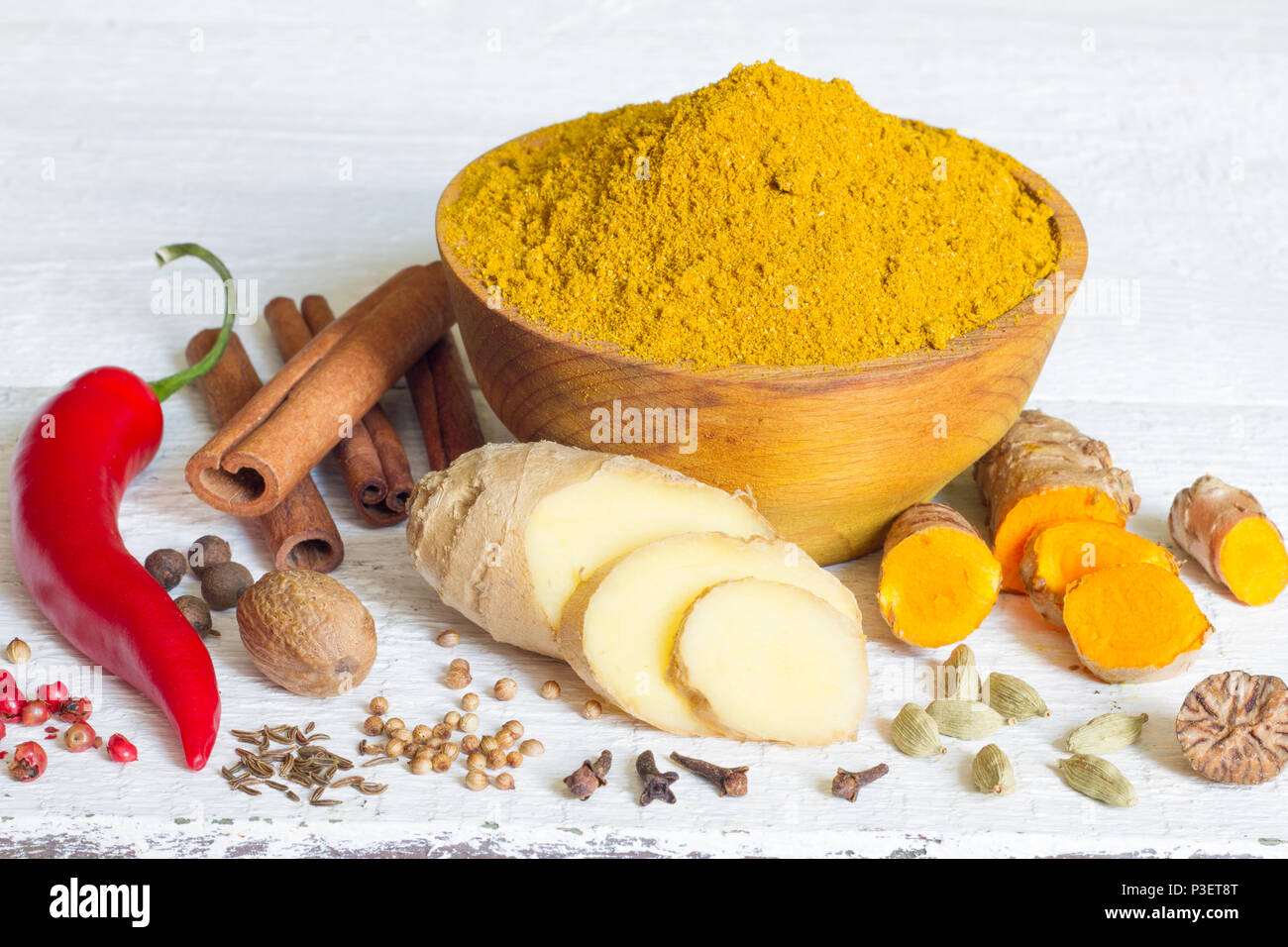 Curry masala indian spice powder ingredients old recipe on white boards ...