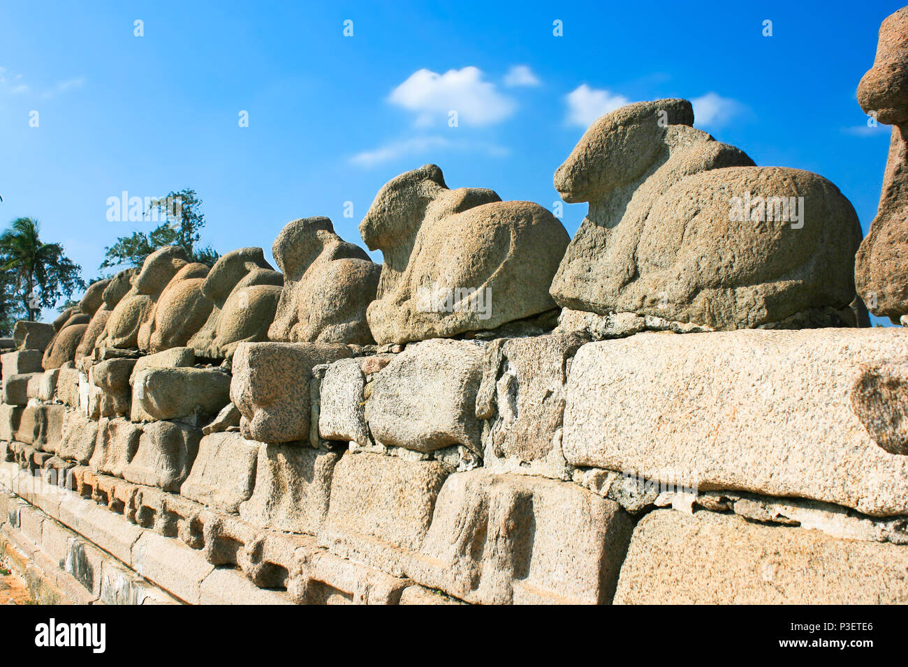 Nandi on stone fence, detail of Shore temple in Mamallapuram, Tamil ...