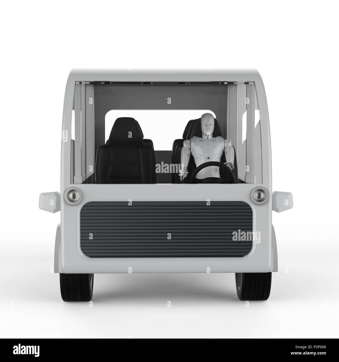 3d rendering robot driving mini bus on white background Stock Photo - Alamy