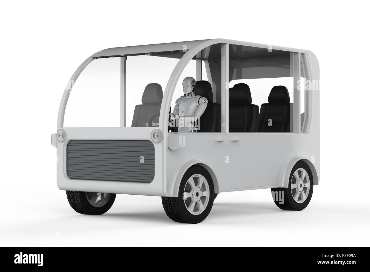 3d rendering robot driving mini bus on white background Stock Photo - Alamy