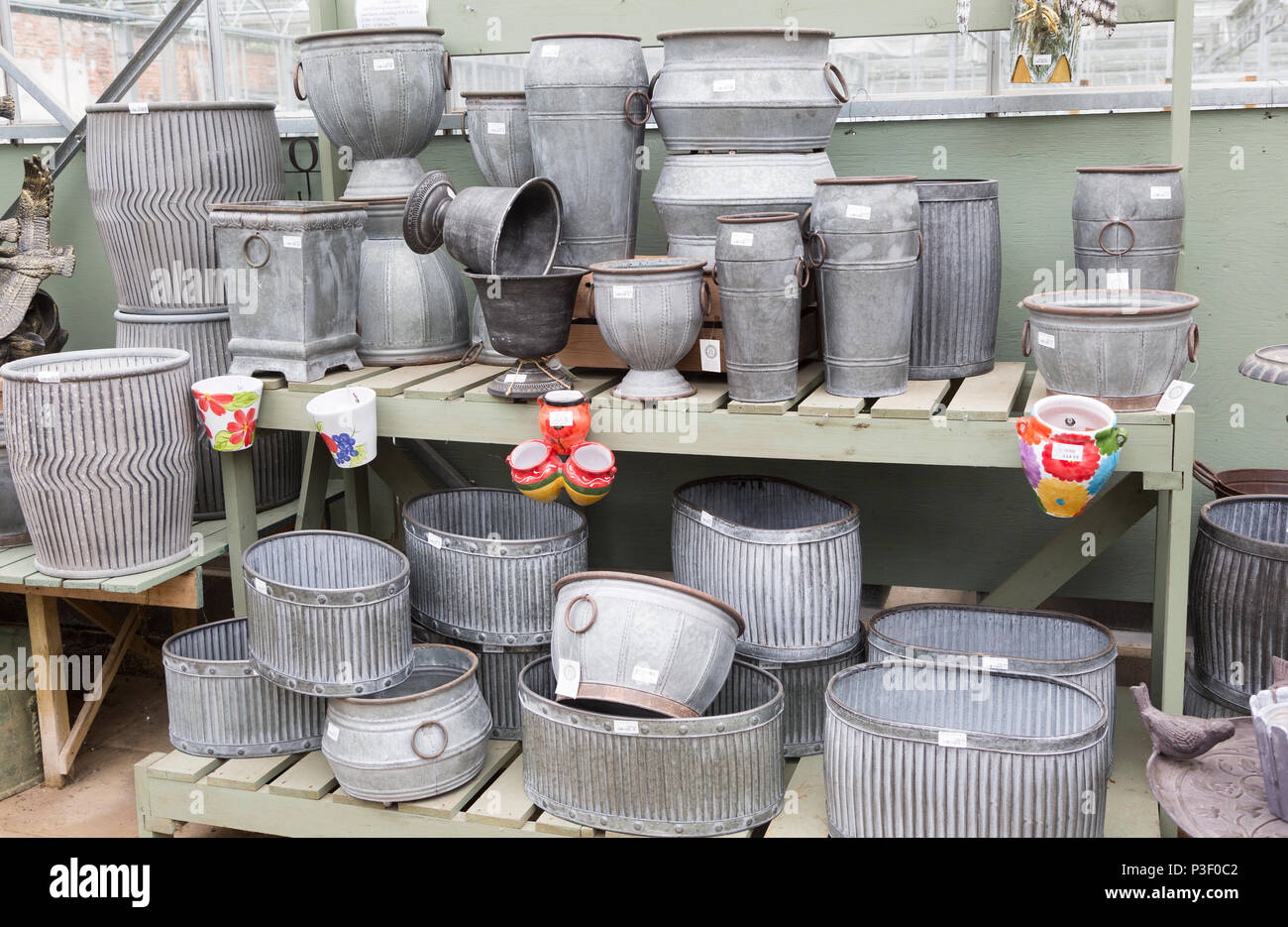Display of metal planting containers, The Walled garden plant nursery ...
