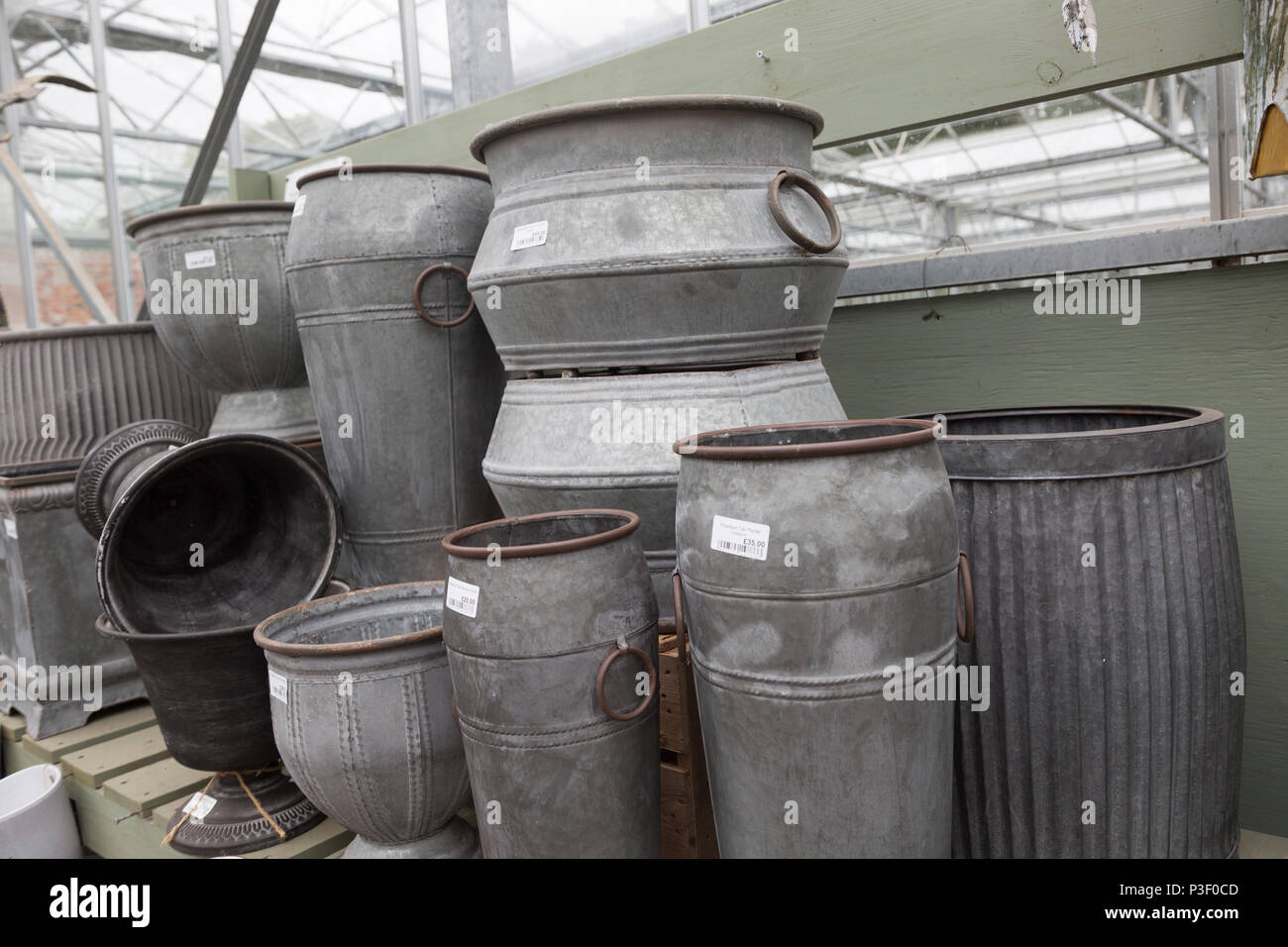Display of metal planting containers, The Walled garden plant nursery ...