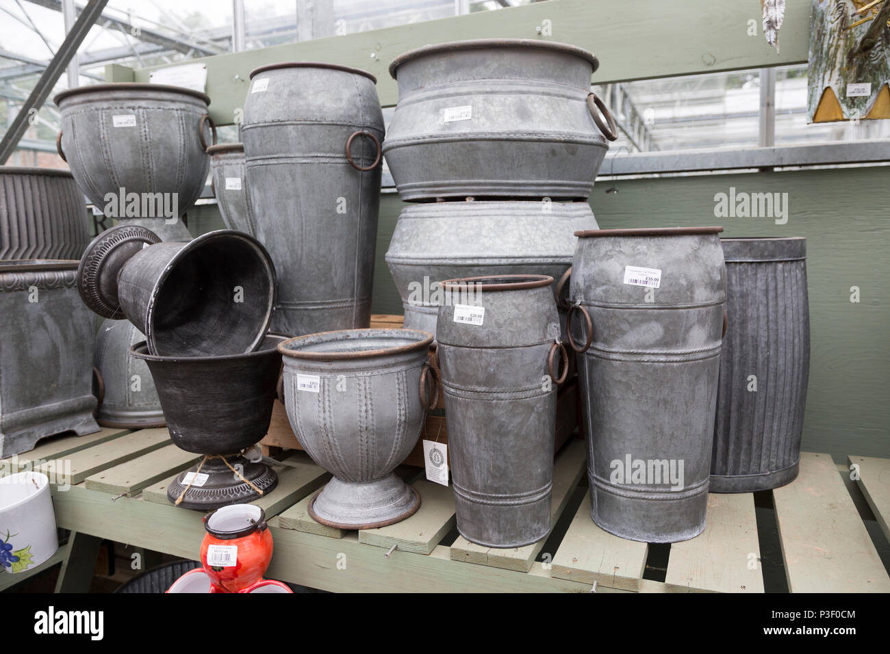 Display of metal planting containers, The Walled garden plant nursery ...
