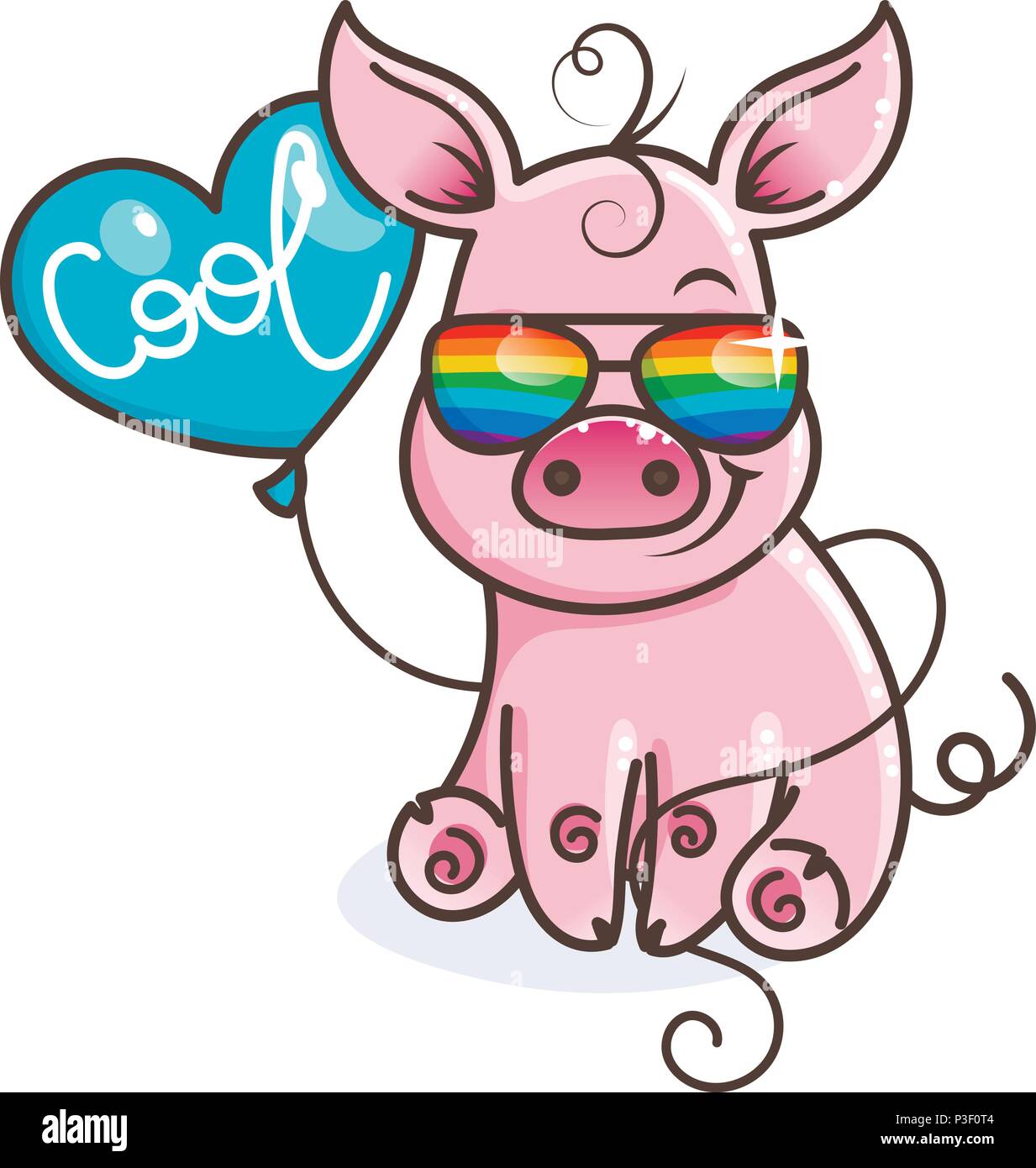 Cute cartoon baby pig in a cool rainbow glasses with balloon. Vector ...