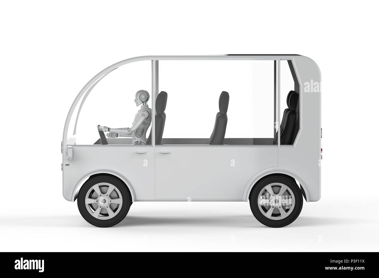 3d rendering robot driving mini bus on white background Stock Photo - Alamy