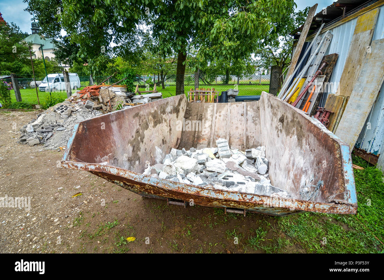 Construction waste container dumpster at residential house construction ...