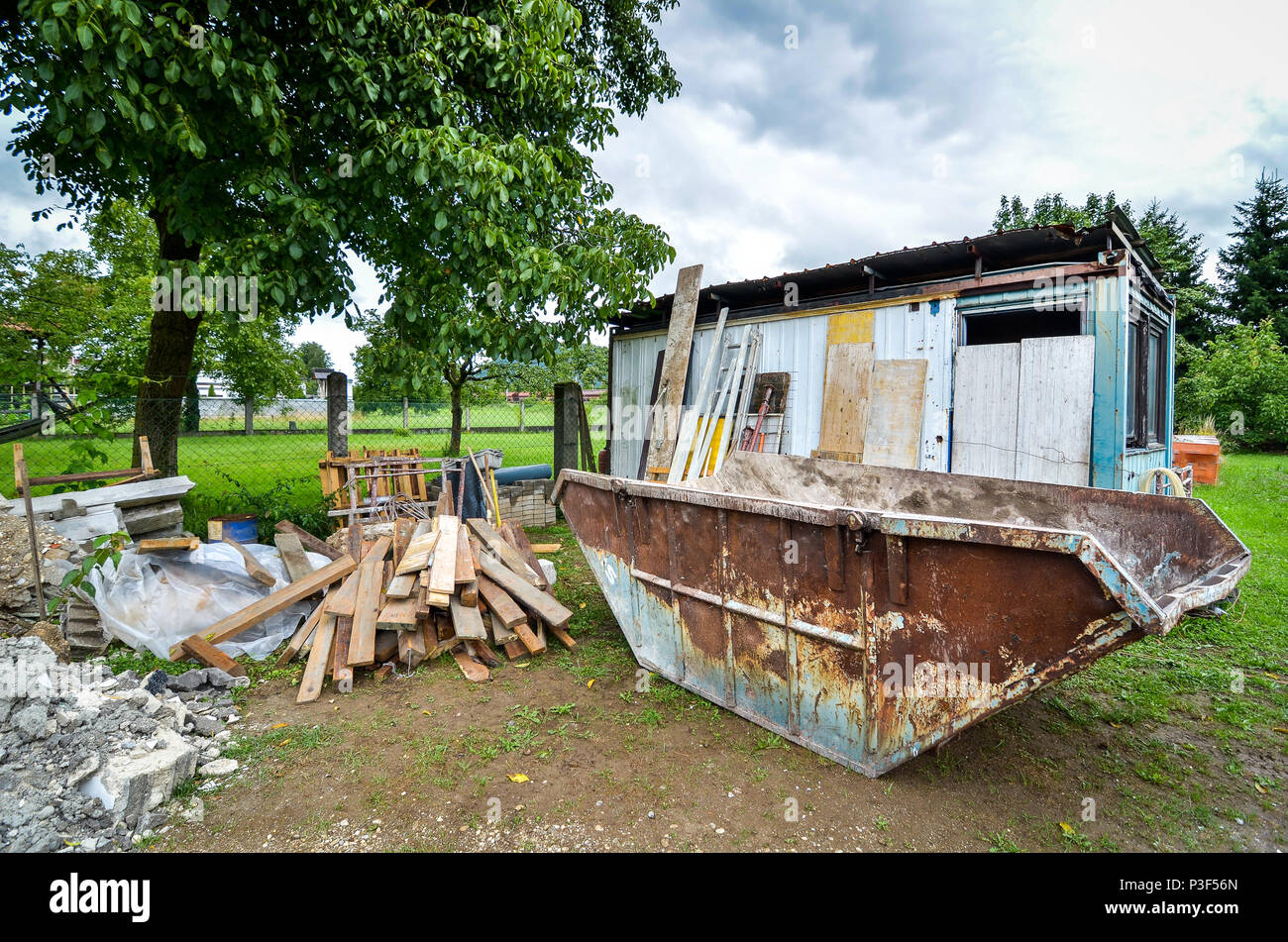 Construction waste container dumpster at residential house construction ...