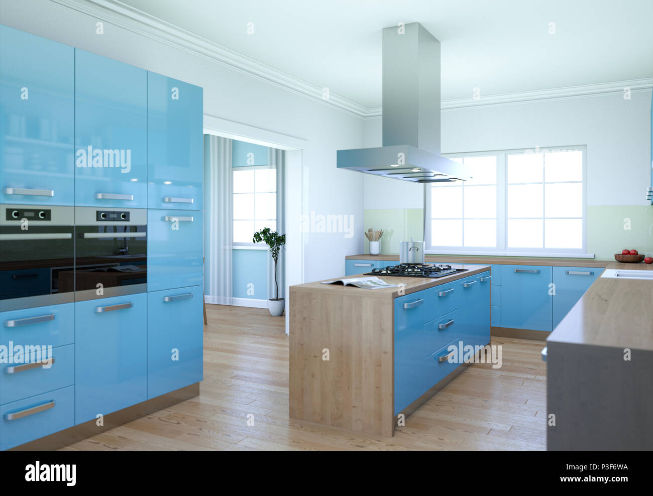 3d Illustration of a blue modern kitchen interior design Stock Photo ...