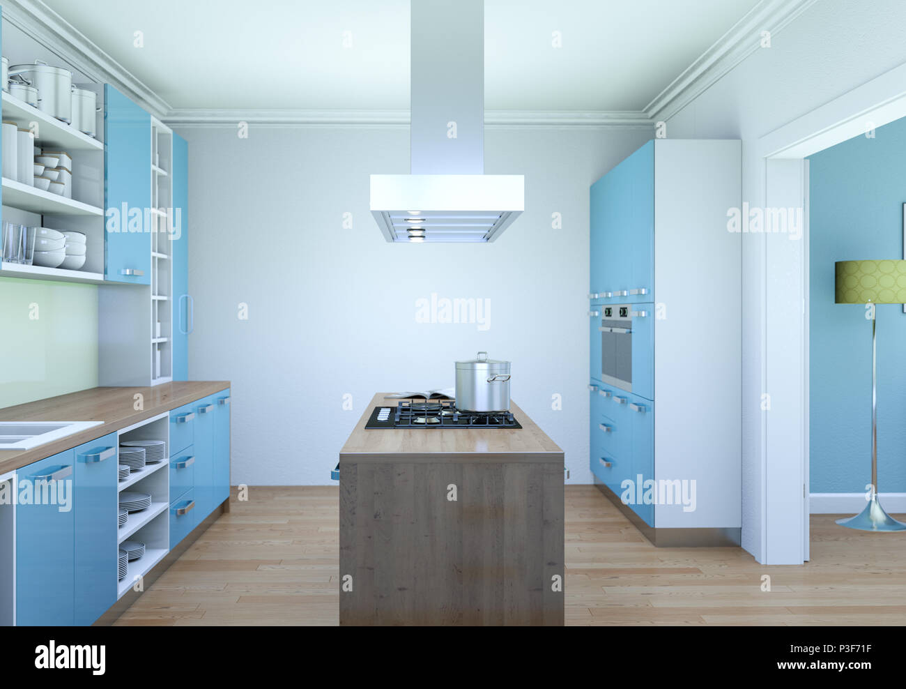 3d Illustration of a blue modern kitchen interior design Stock Photo ...