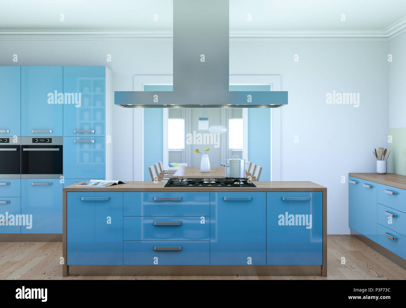 3d Illustration of a blue modern kitchen interior design Stock Photo ...