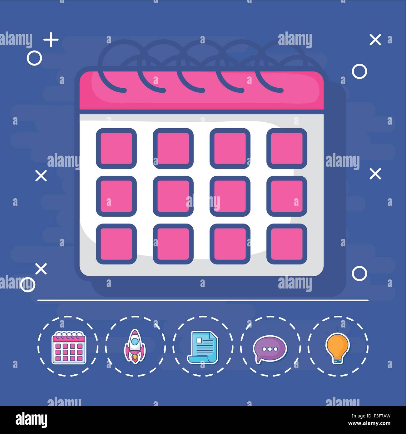 calendar with digital marketing related icons around over blue ...